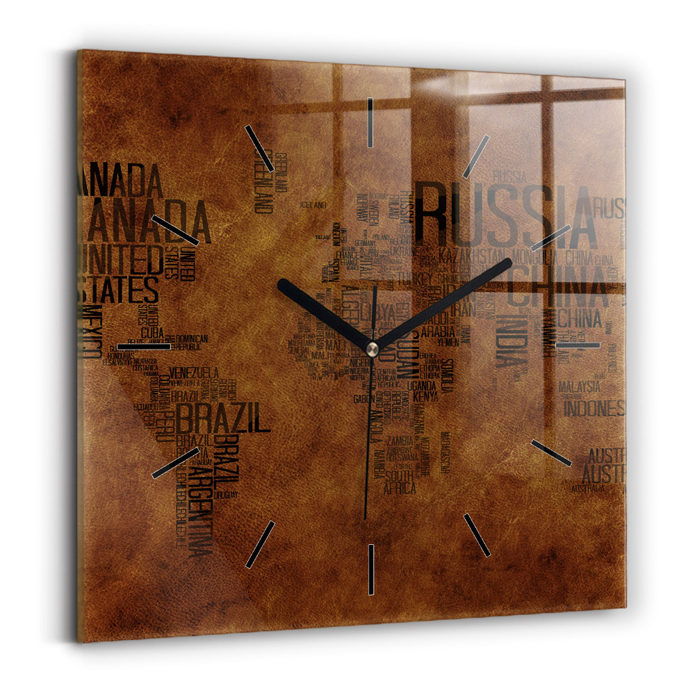 Square glass wall clock Map and country names - mirrormatic.com