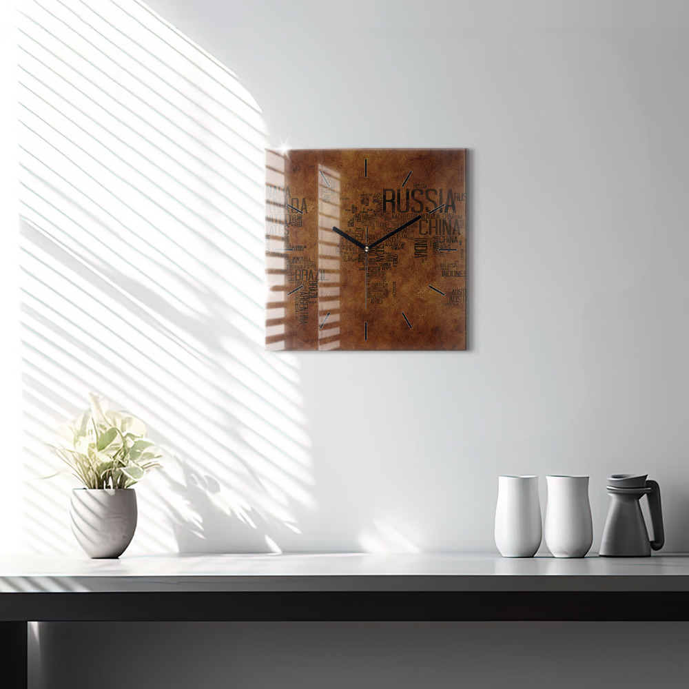 Square glass wall clock Map and country names - mirrormatic.com