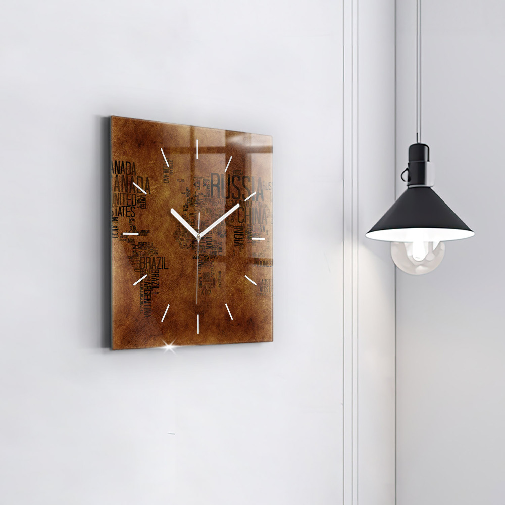 Square glass wall clock Map and country names - mirrormatic.com