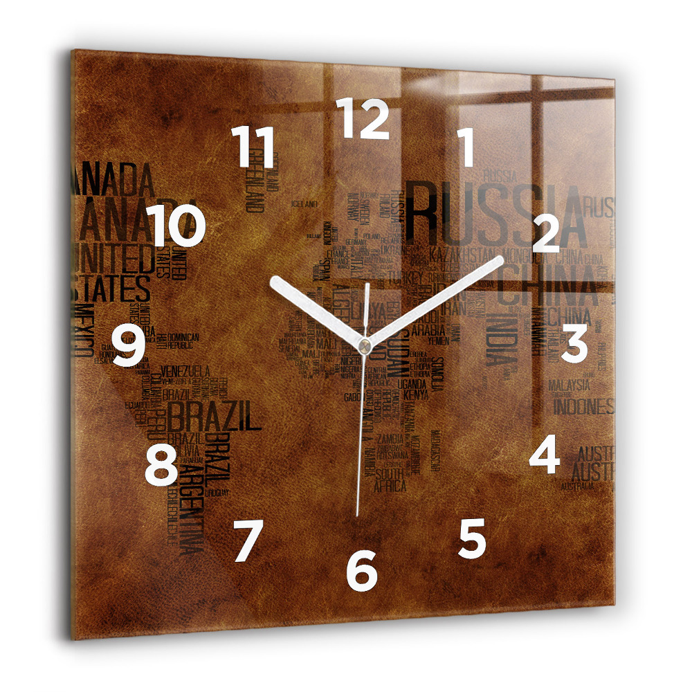 Square glass wall clock Map and country names - mirrormatic.com