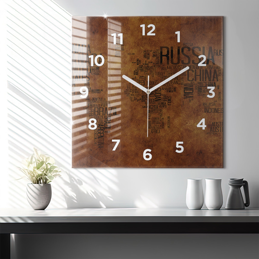 Square glass wall clock Map and country names - mirrormatic.com