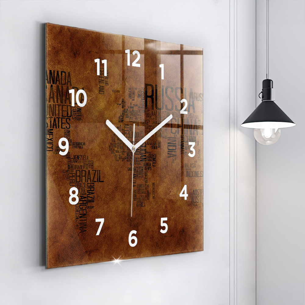 Square glass wall clock Map and country names - mirrormatic.com