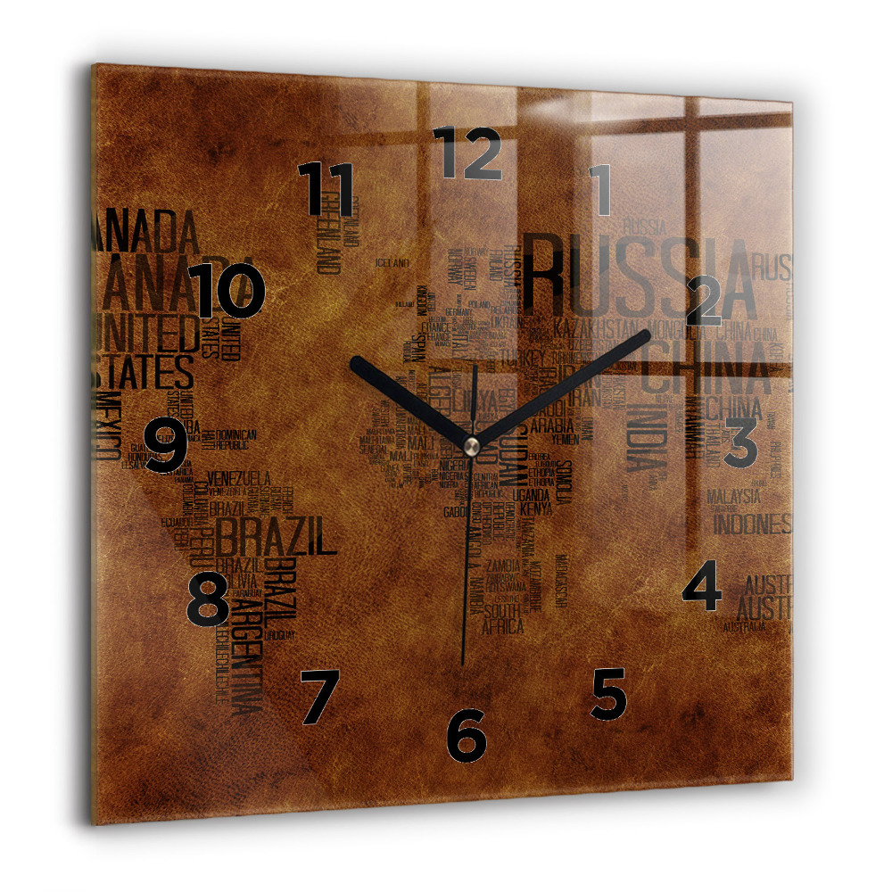 Square glass wall clock Map and country names - mirrormatic.com